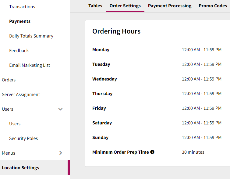 Order Hours Management
